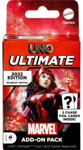 mattel games ​uno ultimate marvel card game add-on pack with scarlet witch character deck & 2 collectible foil cards, gift for collectors & kids ages 7 years & older