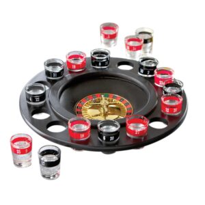 game night shot glass roulette - drinking game set (2 balls and 16 glasses), black, 19 piece set