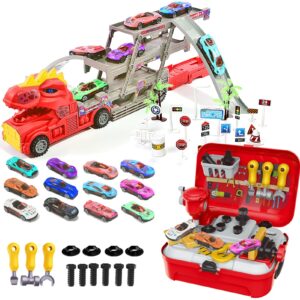 kaegreel dinosaur trucks toys with car repair tool set for kids 3 4 5 6 7 year old, dinosaur t rex carrier truck with 12 catapult cars, dino truck vehicle repair tool toys for kids