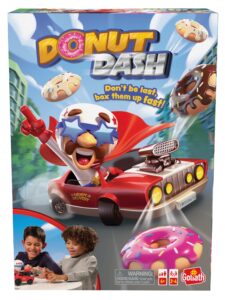 goliath donut dash game - race to pick up matching donuts, racecar does real donuts on table or hard floor - ages 4 and up, 2-4 players