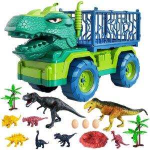 temi dinosaur truck toys for kids 3-5 years, tyrannosaurus transport car carrier truck with 8 dinosaur figures, activity play mat, dinosaur eggs, trees, capture jurassic play set for boys and girls