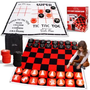 lulu home 4-in-1 jumbo chess board game, 4ft x 4ft giant tic tac toe chess checkers game mat & pieces portable with bag, classic checkers rug game for indoor outdoor family fun