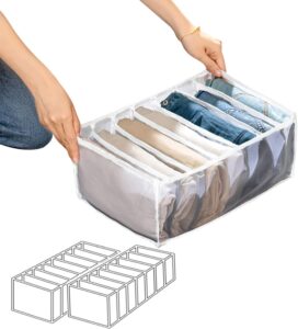 qinghon 7 grids wardrobe clothes organizer, clothes organizer, t shirt organizer for closet, visible grid storage box for underwear, socks, skirts, t-shirts (white,two medium)