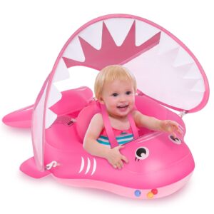 baby pool float, infant swimming float with sun protection canopy inflatable floaties for toddlers shark baby swim floats ring for pool bath toys for newborn 3-36 months