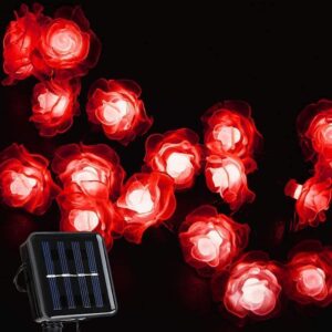 wonfast solar flower string lights, waterproof 20ft 30led rose flower 8mode solar starry ambiance lighting fairy string lights for gardens path home wedding party christmas decor (red)