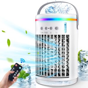 mencapai portable air cooler fan, 4 in 1 personal evaporative air conditioner with 1400ml water tank, remote controller, timer, 3 wind speeds, 2 misting modes and led light, for home office bedroom