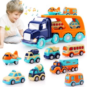 kids toys cars deluxe playset : 1 big and 8 small pull-back cars for boys, boy toy cars playset with sound and light, toys for 3 4 year old boys, christmas birthday gifts for toddler boys girls