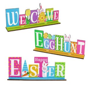 bunny chorus 3 pcs happy easter decorations,easter gifts decor for spring,easter table wooden decor,bunny and eggs signs for easter holiday,easter decorations clearance