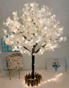 artificial cherry blossom lighted white tree with 300 warm white leds for indoor outdoor home decor wedding (6ft tall/1.8m)