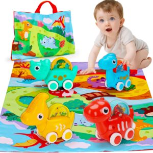 dinosaur cars toys for 1 year old boys girls 4 vehicle with play mat/storage bag early educational infant toys 6 9 month baby toys 12-18 month birthday gift for one year old boy toddler toys age 1-2