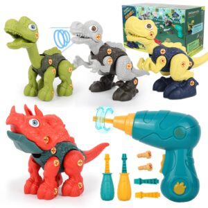 rabing dinosaur toys for boys 3 4 5 years old, take apart dinosaur building toys with electric drill 4 packs, dinosaur toys set educational stem gift toy for kids boys girls 3+ years old