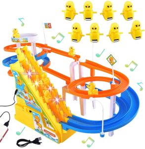 small ducks climbing toys, electric ducks chasing race track game set, playful roller coaster toy with 8 duck led flashing lights & music button, fun duck stair climbing toy for toddlers and kids (c)