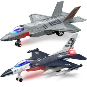 geyiie airplane toys for kids, army fighter jet diecast plane toys helicopter for boys grils, pull back airplanes with light, air transport toy bomber outdoor gifts for toddler age 3-8 gifts