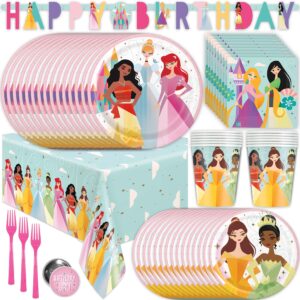 disney princess birthday decorations set | disney princess party decorations | disney princess party supplies | with tablecloth, large plates, cake plates, napkins, cups, banner | serves 16 guests