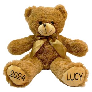 personalized stuffed teddy bear gift for her, him, 16 inch - cute custom brown bear with your name and year on the feet