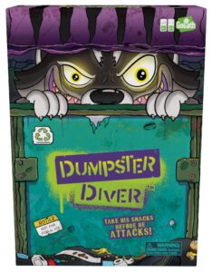 goliath dumpster diver game - take raccoon's snacks before his paw jumps out to defend his goodies - no reading required - ages 4 and up, 2-4 players