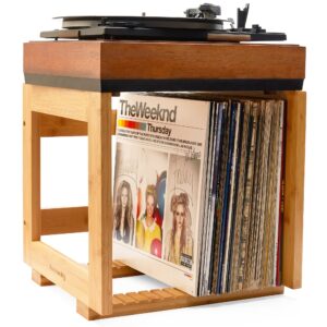 homebuddy vinyl record storage - 1x record player holder for albums - wooden record crates for vinyl, holds up to 75 lps - storage box and music player stand with rack shelf for albums and accessories