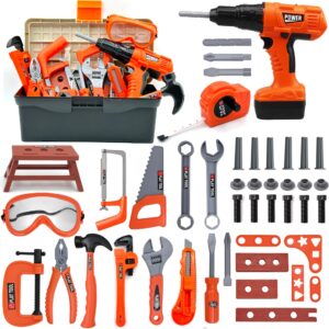 hyrenee kids tool set – 48 piece toddler tool set with electronic toy drill& tool box,pretend play kids toys,construction kits toys for kids ages 3 4 5 years old, toddler boy toys