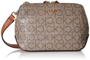 calvin klein women's lucy triple compartment crossbody, almond/taupe/floral, one size