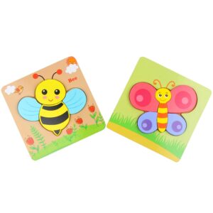 fingooo 2 pack wooden puzzles for toddlers 1-3,baby puzzle educational toy gift (butterfly bee)