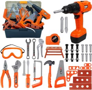 mscredse kids tool set kit pretend play set toddler tool toys with construction 48pcs electric drill gifts for boys girls kids toddlers ages 3 4 5 6 7 8 years up (orange)