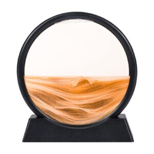 moving sand art picture 3d deep sea sandscape liquid motion display flowing sand frame round glass 3d quicksand painting decor relaxing art desktop toys home office decoration (7in, orange)