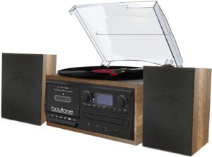 boytone bt-58w bluetooth record player turntable with cd player, convert lp vinyl, cd to mp3 player, cassette, am/fm radio, usb/sd encoding, remote control, audio music player built in amplifier