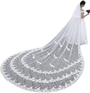 weddings veils 2 tier long cathedral length lace appliques flowers bridal veil with comb white ivory