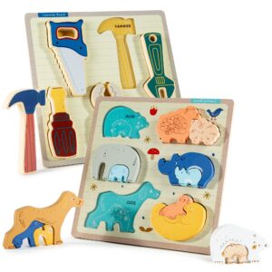 togelin wooden puzzles for toddlers 1-3, baby puzzles, montessori toys for kids, preschool learning toys for boys and girls-animal & tool