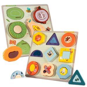 togelin wooden puzzles for toddlers 1-3, baby puzzles, montessori toys for kids, preschool learning toys for boys and girls-fruit & shape