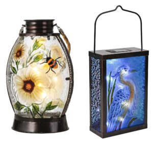 teresa's collections glass decorative hanging outdoor solar lanterns bundle(2pcs) | bee gathering honey lantern and blue heron lantern for home garden patio lawn yard decor