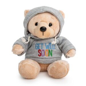 ganz 9" get well soon teddy bear with gray hoodie - feel better gift for kids & women (tan nose stuffed animal)