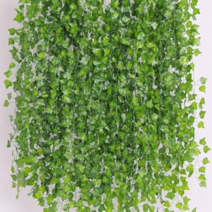 kovdim artificial ivy vines leaves 12 strands (84 ft), ivy garland fake vines plants hanging for bedoom room wall weeding party decor, green