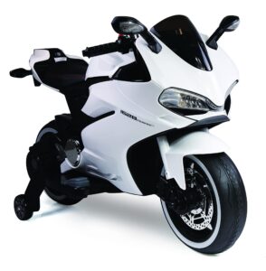 ride on toys kid motorcycle 12v 7ah battery with slow start function, safety, high and low speed,leather seat plastic wheels with led lights, have mp3 player function (white)