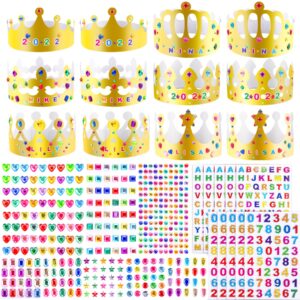 siquk 24 pieces golden paper crowns gold party crowns princess prince crown hats king crowns with 980 pieces gem jewels alphabet number letter stickers for party and celebration