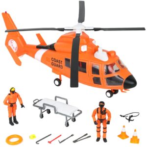 click n' play toy helicopter set, coast guard rescue helicopter for kids, 13-piece play set including coast guard action figures & accessories, orange