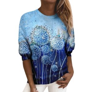 women's round neck long sleeve top casual dandelions print top blouse basic loose fit crew neck graphic tees