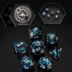 dnd dice set resin polished edge polyhedral dice set d&d rpg suitable for dungeons and dragons role playing games dice gift box sharp-edged band sparkling laser inclusions(mix dark blue color)