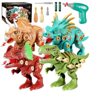 dinosaur toys for kids 3-5, stem dinosaur toys, take apart dinosaur toys for boys w/light sound, dino construction building educational learning sets with electric drill, birthday easter xmas gifts