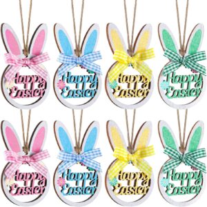 16 pieces easter rabbit tree ornament wooden hanging bunny ornaments with plaid bow and rope wood hollowed out easter ornaments cute spring hanging decorative for home garden decor (bunny ears style)