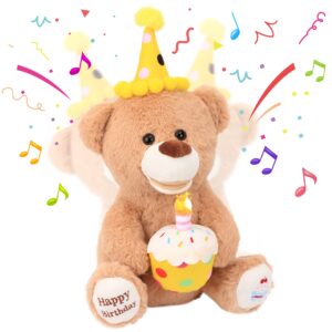 hopearl adorable happy birthday teddy bear with glowing cupcake musical stuffed animal bear singing and shaking plush toy interactive animated kids gifts, brown, 15’’