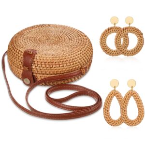 kajaia round rattan bag for women straw crossbody bag with 2 pairs rattan earrings beach lightweight geometric boho earrings summer jewelry shoulder leather strap natural wicker woven bag