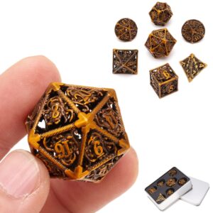 yzdhero hollow metal dnd dice set polyhedral d&d dice 7pcs for call of cthulhu, dungeons and dragons rpg mtg table games pathfinder shadowrun (silver)