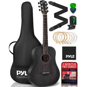 pyle acoustic guitar kit, 1/2 junior size all wood steel string instrument for beginner kids, adults, 34" black matte