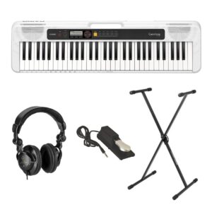 casio ct-s200 61-key digital piano style portable keyboard with 400 tones, white bundle with stand, studio monitor headphones, sustain pedal