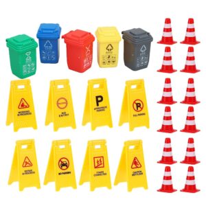 nuobesty mini traffic signs set, plastic street signs playset traffic cones yellow warning sign garbage can toy safety education toy for kids 25pcs