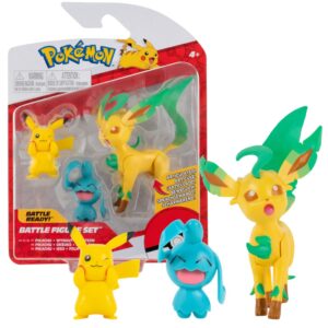 pokemon pkw0178 3 pack-features 2 pikachu, wynaut & 3-inch leafeon battle figures-authentic details, multi