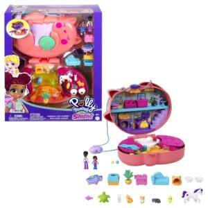 polly pocket starring shani cuddly cat purse, pet vet theme with 2 micro dolls & 18 accessories, pop & swap peg feature, great gift for ages 4 years old & up, hgt16