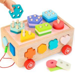 bravmate shape sorter learning toys for toddlers 18m+, wooden stacking blocks montessori toys for 2 3 year old colorful activity cube learning & education preschool toys baby boy girl gifts