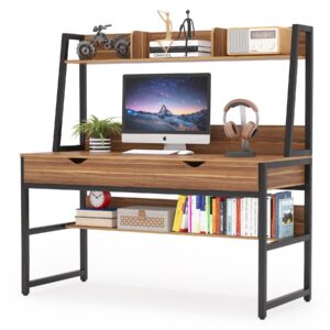 tribesigns large computer desk with bookshelf and drawers, writing desk gaming gamer table with storage and hutch, 47 “wood and metal craft table for home office